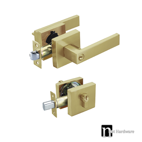 Square Shaped Brushed Brass Entrance Lock Deadbolt Set | nBat Hardware